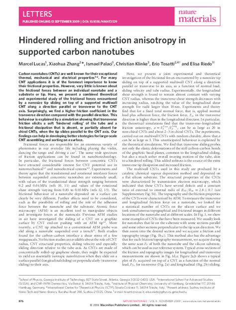 Pdf Hindered Rolling And Friction Anisotropy In Supported Carbon Nanotubes