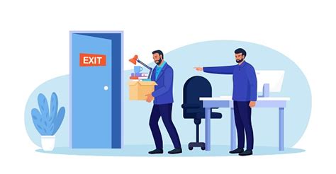 파산 한 상사는 직원을 해고합니다 해고 된 슬픈 사람은 손에 상자에 물건을 들고 사무실을 떠납니다 금융 위기와 실업 해고 및 실업 해고 위기로 인한 실직 가리키기에 대한