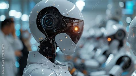visualize a robotics lab where engineers are programming humanoid