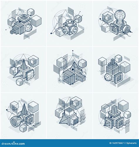 Isometric Abstract Backgrounds With Linear Dimensional Shapes Vector 3d Mesh Elements