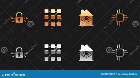 Set Cyber Security Graphic Password Protection House With Eye Scan