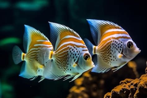 Un Grupo De Peces Con Rayas Azules Y Amarillas Foto Premium