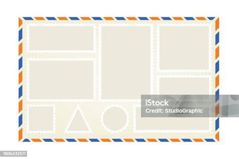 봉투 배경에 빈 우표입니다 빈티지 빈 우표입니다 우송료 구멍이 뚫린 템플릿 컬렉션 종이 소인이 배경에 고립되어 있습니다 벡터 일러스트 레이 션 0명에 대한 스톡 벡터 아트