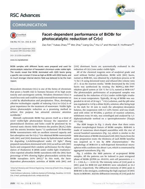 Pdf Facet Dependent Performance Of Biobr For Photocatalytic Reduction