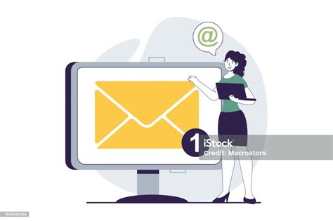 웹을 위한 플랫 디자인에서 사람들 장면이 있는 이메일 서비스 개념 여자는 컴퓨터에서 새로운 편지에 대한 알림을 받는다 소셜 미디어 배너 마케팅 자료에 대한 벡터 그림입니다