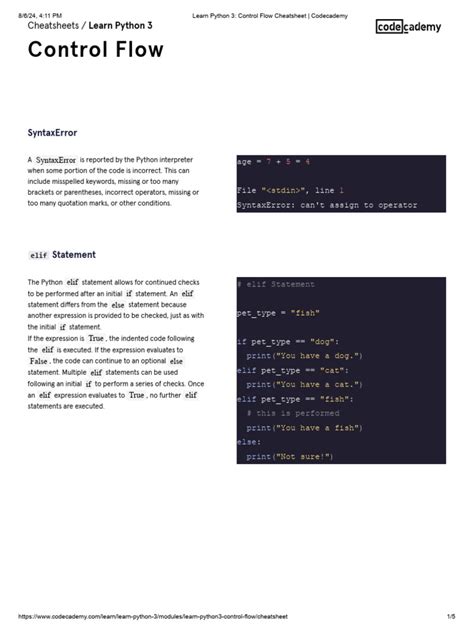 Learn Python 3 Control Flow Cheatsheet Codecademy Pdf Boolean