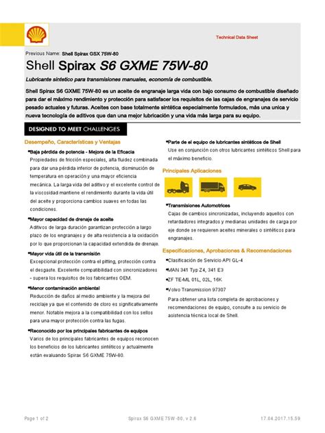 Shell Spirax S6 Gxme 75w 80 Pdf Lubricante Engranaje