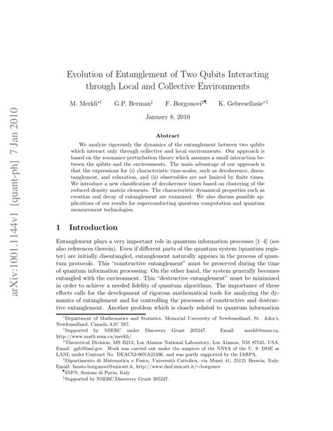Pdf Evolution Of Entanglement Of Two Qubits Interacting Through Local