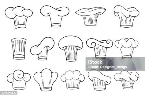 쿡 셰프 모자 또는 토크는 윤곽 스케치 만화 스타일로 설정 벡터 핸드 그린 주방 직원 유니폼 모자 는 레스토랑과 카페를위한 다양한 모양과 디자인 개념에 대한 스톡 벡터 아트