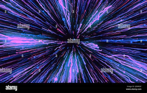 Cosmic Stream With Glowing Lines On Black Background Motion Immersion In Bright Luminous