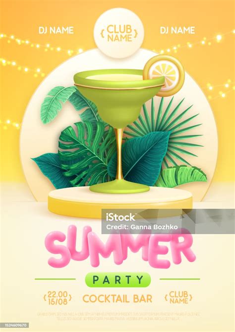 3d 무대 열대 나뭇잎 마가리타 칵테일이 있는 여름 디스코 파티 포스터 화려한 여름 해변 장면입니다 벡터 그림 3차원 형태에