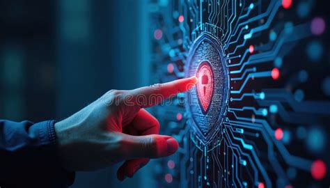 Hand Touches Virtual Shield With Binary Code And Cyber Security Concept On Dark Blue Background