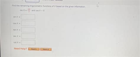 solved find the remaining trigonometric functions of θ based