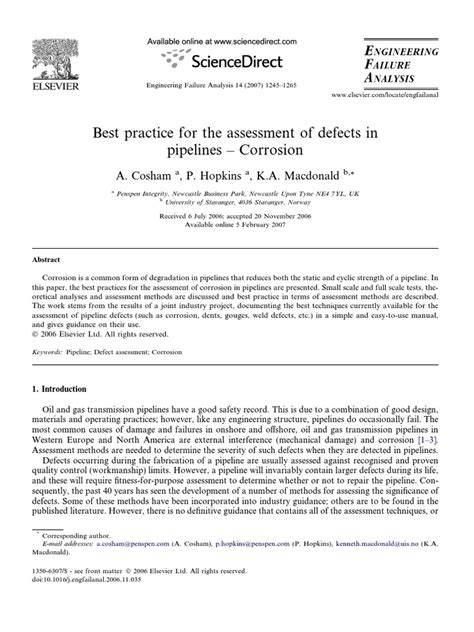 Best Practice For The Assessment Of Defects In Pipelines Corrosion Pdf Strength Of