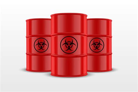3 벡터 3d 현실적인 빨간색 간단한 광택 에나멜 금속 오일 연료 가솔린 배럴 흰색 배경에 고립 된 검은 생물 학적 기호 이랑 전면 보기에 대 한 포장의 디자인 서식 파일