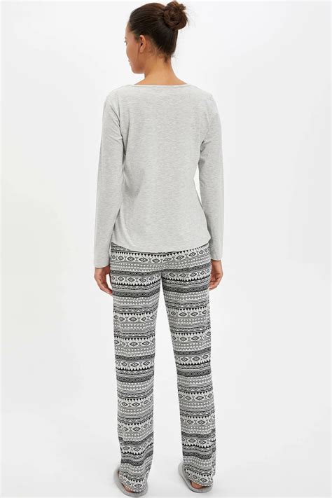 Дефакто Женский Повседневный светильник серый хлопок пижамный комплект для женщин осенняя