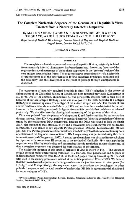 Pdf The Complete Nucleotide Sequence Of The Genome Of A Hepatitis B Virus Isolated From A