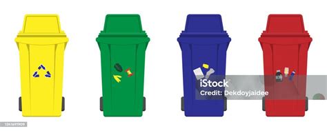 폐기물 재활용은 쓰레기통 생분해성 플라스틱 유해 폐기물을 재활용합니다 가비지 선별 세트 플랫 디자인 벡터 일러스트레이션 갈기갈기 찢어진에 대한 스톡 벡터 아트 및 기타