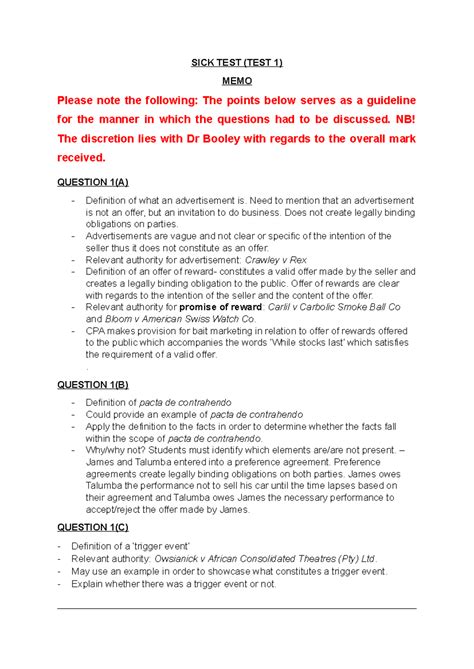 Sick Test Second Chance Memo SICK TEST TEST MEMO Please Note The Following The Points