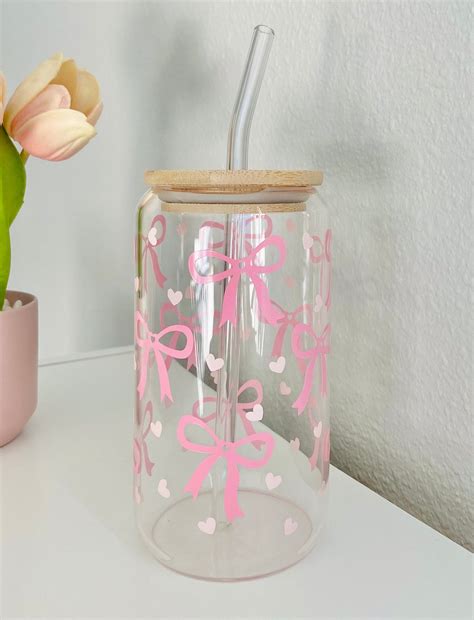 Pink Bows Glass Cup 16 Oz Libbey Glass Pink Bow Cup Iced Coffee Cup