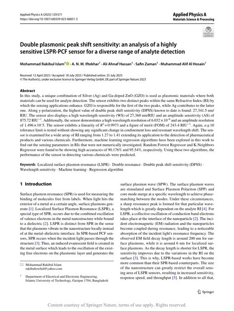 Double Plasmonic Peak Shift Sensitivity An Analysis Of A Highly