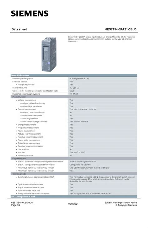 Simatic Et 200sp Ai Energy Meter Rc St 6es71346pa210bu0 For Industrial