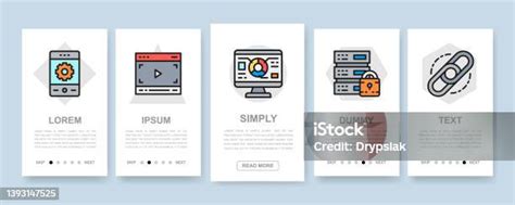 Seo 모바일 앱 화면 세트 책갈피 호스팅 하이퍼 링크 광고 색상 아이콘이있는 데이터 세로 배너 웹 사이트 메뉴의 최신 아이콘입니다 인포그래픽에 대한 스톡 벡터 아트 및