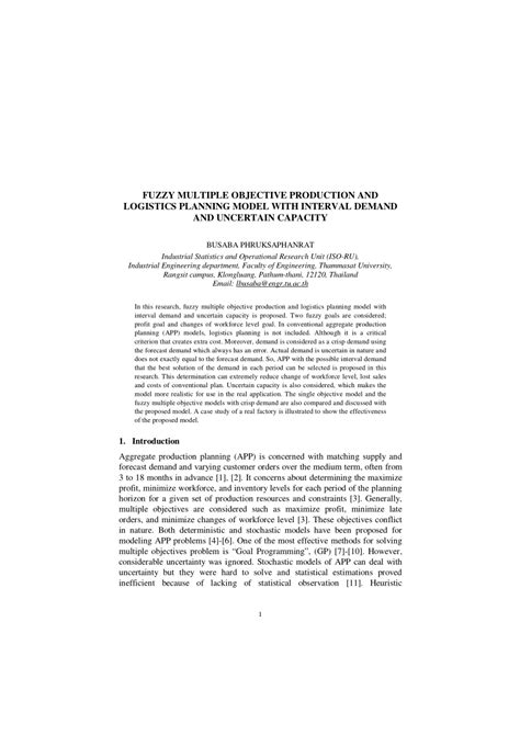 Pdf Fuzzy Multiple Objective Production And Logistics Planning Model With Interval Demand And