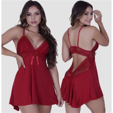 Camisola Sexy Sem Bojo Renda Com Calcinha Regulável Costas Aberta