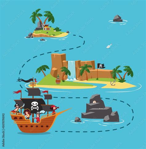 Vector Treasure Island Map With Uninhabited Isle Treasure Chest Flat Vector Stock Vector