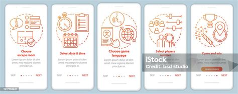 선형 개념으로 모바일 앱 페이지 화면 온보딩 룸 예약 자습서를 탈출 퀘스트 날짜를 선택합니다 빨간색 연습단계 그래픽 지침 Ux