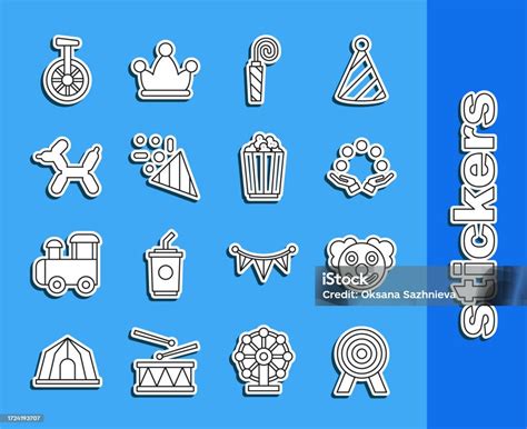 라인 타겟 광대 머리 저글링 공 생일 파티 경적 축제 색종이 풍선 개 외발 자전거 한 바퀴 자전거 및 팝콘 상자 아이콘을 설정합니다 벡터 1에 대한 스톡 벡터 아트 및 기타