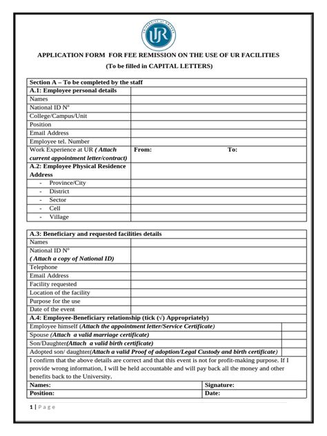 Final Application Form For Fee Remission Staff Pdf