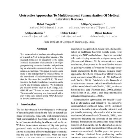 Abstractive Approaches To Multidocument Summarization Of Medical Literature Reviews Acl Anthology