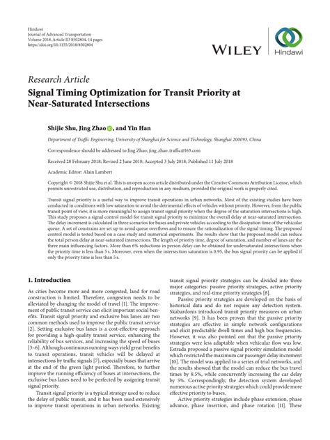 Pdf Signal Timing Optimization For Transit Priority At Near Saturated Intersections