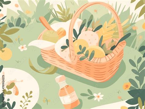 여름 공원에서 잔디에 담요에 음식 음료와 피크닉 바구니의 평면 디자인 도시락 소풍 비유적 미니멀리즘 스타일 흰색 배경 유기적 모양과 선 부드러운 선 부드러운 색상