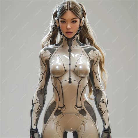 Sexy Female Robot With Long Hair Wearing Headphones And Looking At Sexy Female Robot With Long Hair Wearing Headphones And Looking At