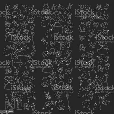 공주 벡터 패턴입니다 유니콘과 드래곤 귀여운 작은 공주 어린 소녀 드레스 마술 지팡이 대 한 성 왕관와 개구리 동화 아이콘입니다 판타지 일러스트 개구리에 대한 스톡 벡터
