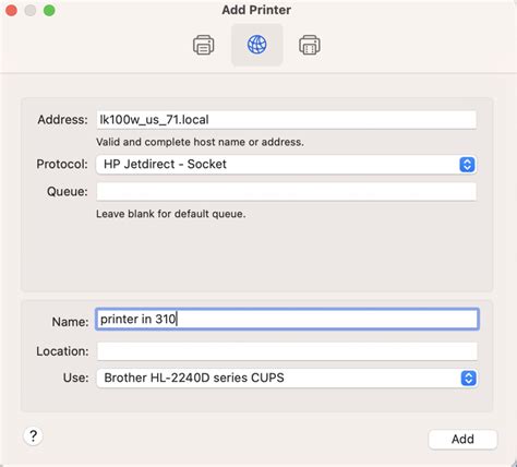 step2 how to add printer to computer manually via hostname mac