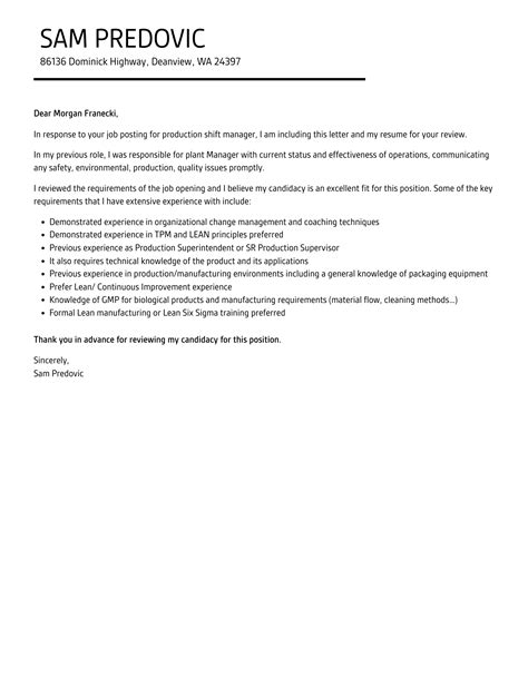 Production Shift Manager Cover Letter Velvet Jobs