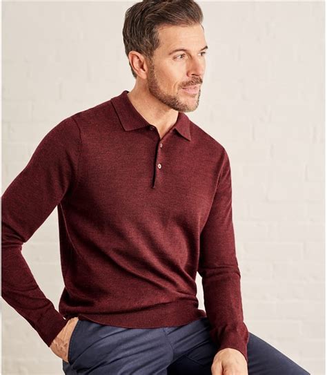 Merlot Mens New Merino Long Sleeve Polo Shirt Woolovers Uk