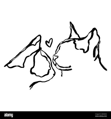 Cats Couple Hand Drawn Illustration Valentine Art Two Abstract Cat S Heads Brush Drawing In