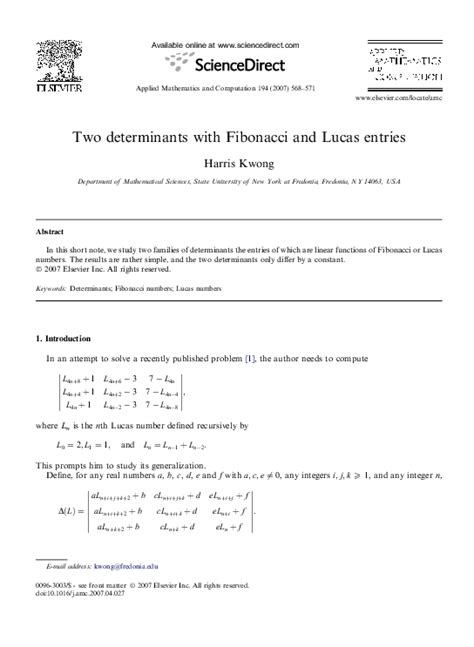 Pdf Two Determinants With Fibonacci And Lucas Entries
