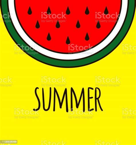여름 배경입니다 노란 배경과 손으로 그린 텍스트에 고립 된 만화 박 여름 그림입니다 귀 엽 고 귀여운 워터 멜론 플랫 벡터 아이콘 포스터 배너 및 인쇄 및 웹 로고 수박에