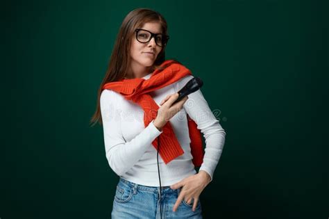 Cheerful Charismatic Woman Holding Microphone For Interview Stock Image