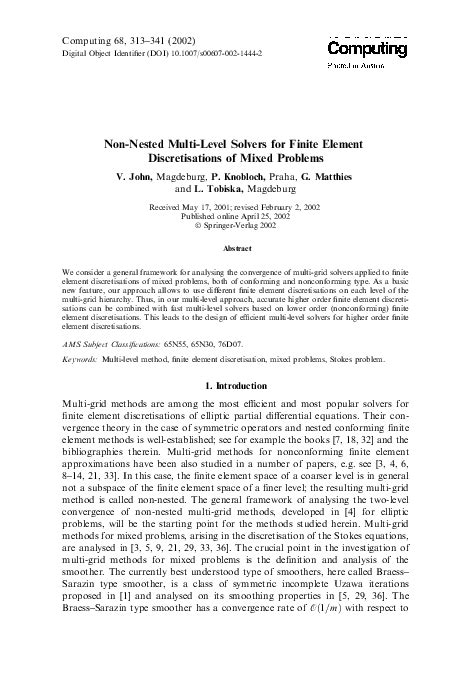 Pdf Non Nested Multi Level Solvers For Finite Element Discretisations Of Mixed Problems