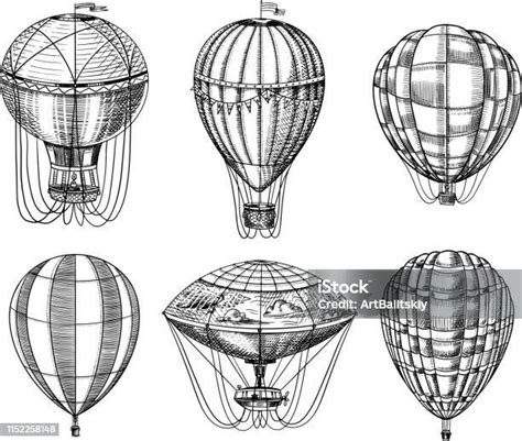 뜨거운 공기 풍선의 집합입니다 벡터 레트로 비행 비행선 장식 요소와 함께 낭만적 인 기호에 대 한 템플릿 전송 손으로 그린