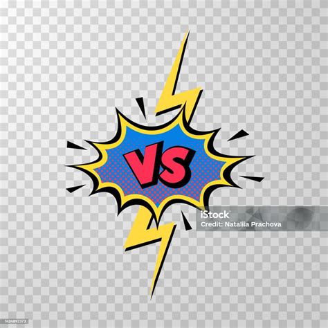 투명한 배경에 고립 된 노란색 조명 광선 팝 아트 만화 요소와 비교 대 전투 스포츠 팀 도전 결투 싸움 번개에 대한 스톡 벡터