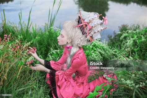 호수 배경에 금발 머리를 가진 르네상스 공주 뷰티 메이크업 자연에 헤어 스타일로 배를 가진 동화 속 로코코 여왕 핑크 드레스 모델 역사적인 헤어 스타일을 가진 여성은 풀밭에