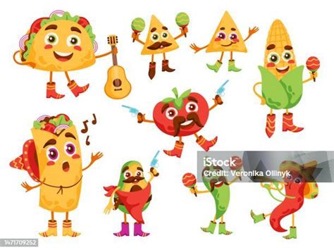 만화 멕시코 식품 캐릭터 재미있는 부리 토 나초 및 타코 마스코트 아보카도 고추 토마토 및 옥수수 벡터 일러스트 레이 션 세트 만화에 대한 스톡 벡터 아트 및 기타 이미지